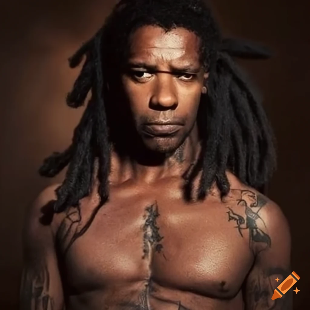 Denzel Washington with dreadlocks and tattoos showing muscular physique ...