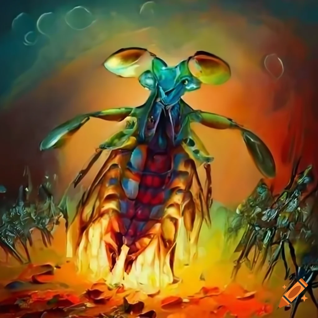 Epic painting of mantis shrimp army charging into battle on Craiyon