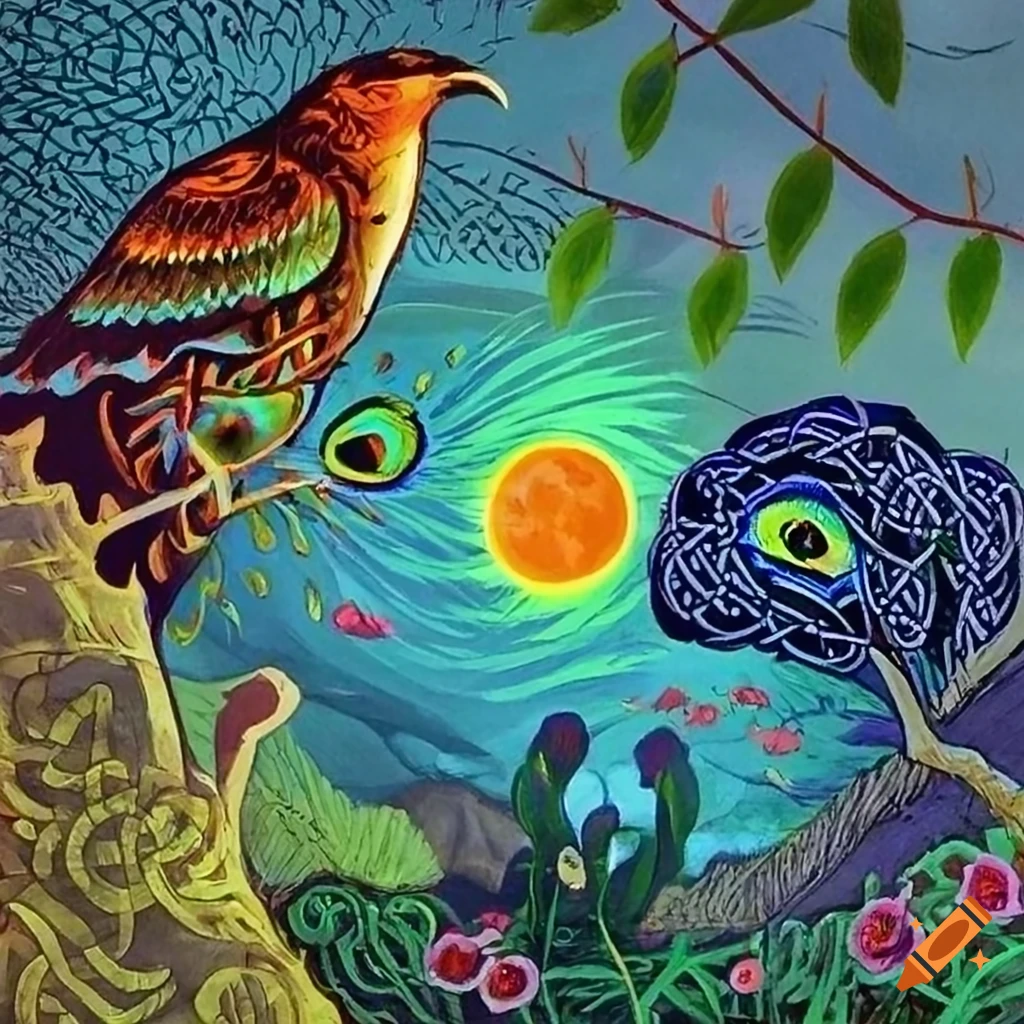 Celtic storybook illustration of a mysterious Gold and Copper Raven wearing a hooded cloak made ...