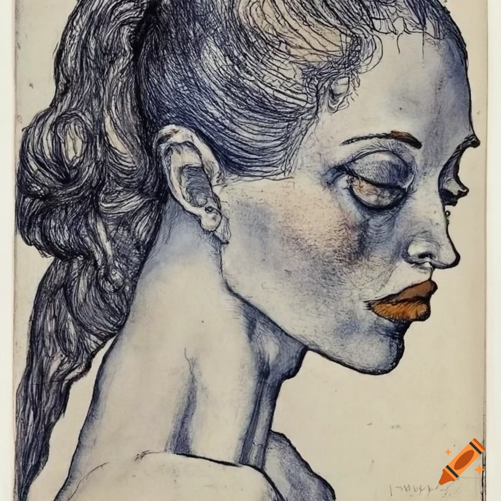 Fascinating woman portrait in blue tones with sharp thin lines on Craiyon