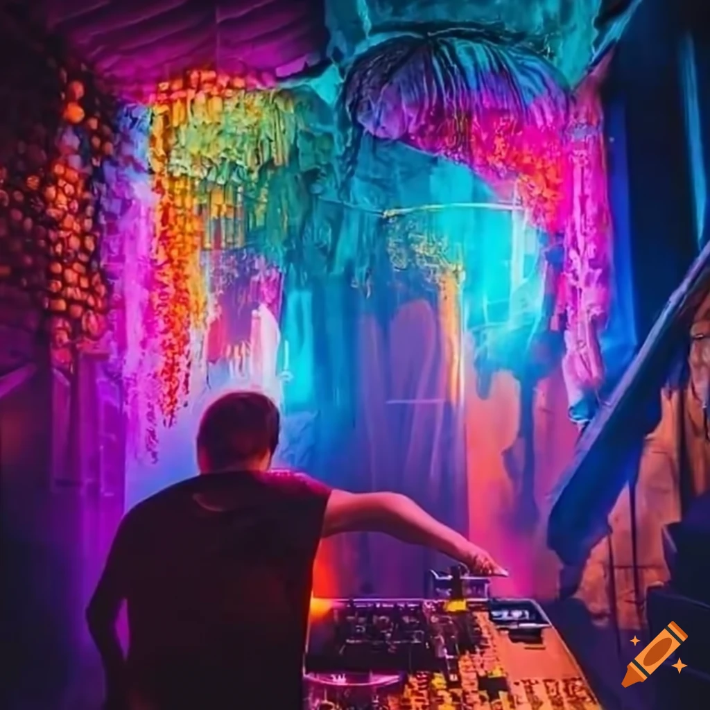 Intense and lively underground dnb rave with a dj in a corn-decorated ...