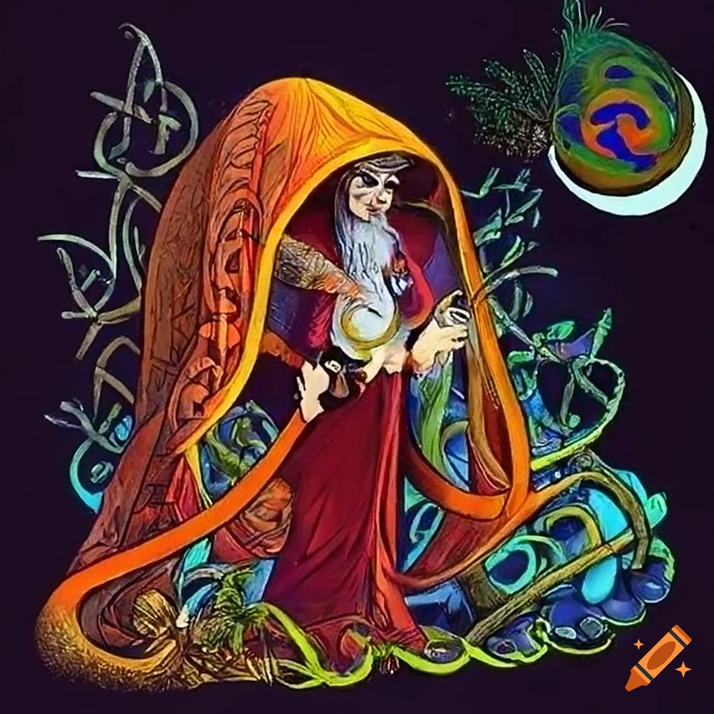 Celtic storybook illustration of a gold and copper raven with a peacock cloak on Craiyon