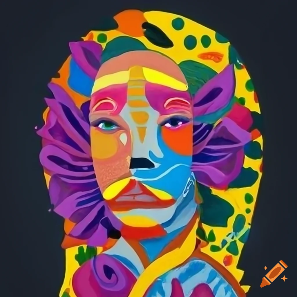 Surreal flat drawing portrait with decorative motifs and creatures on ...