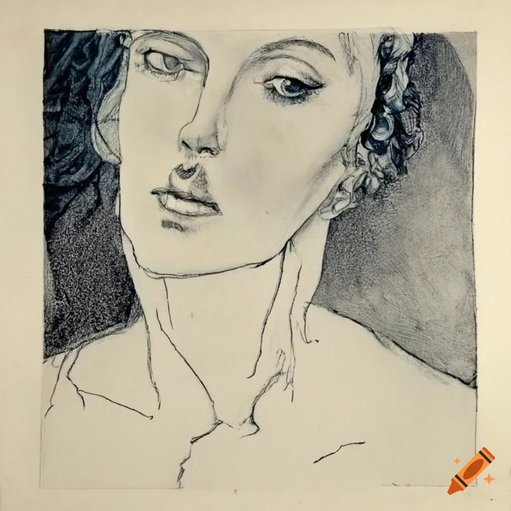 Intriguing woman portrait drawing with sharp thin blue lines on Craiyon