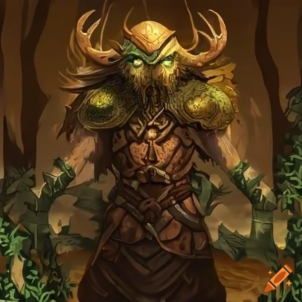Epic masked druid character with burl wood armor in a forest setting ...