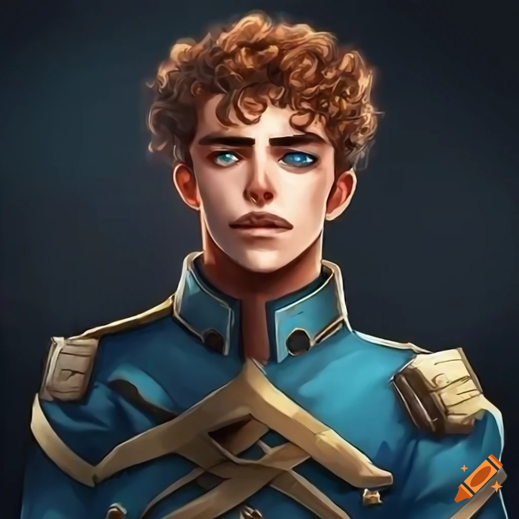 Man in blue soldier uniform with a small sword and green eyes in orange ...