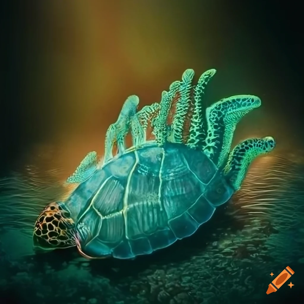 Turtle shell adorned with ocean elements in underwater world on Craiyon