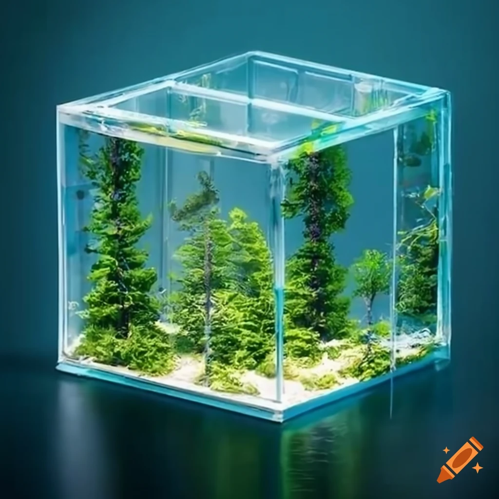 Transparent box underwater with planted trees and no water inside on ...