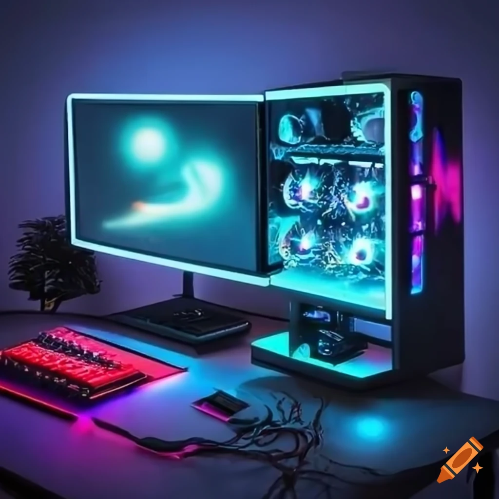 Gaming setup with impressive lighting and decorative figures on Craiyon