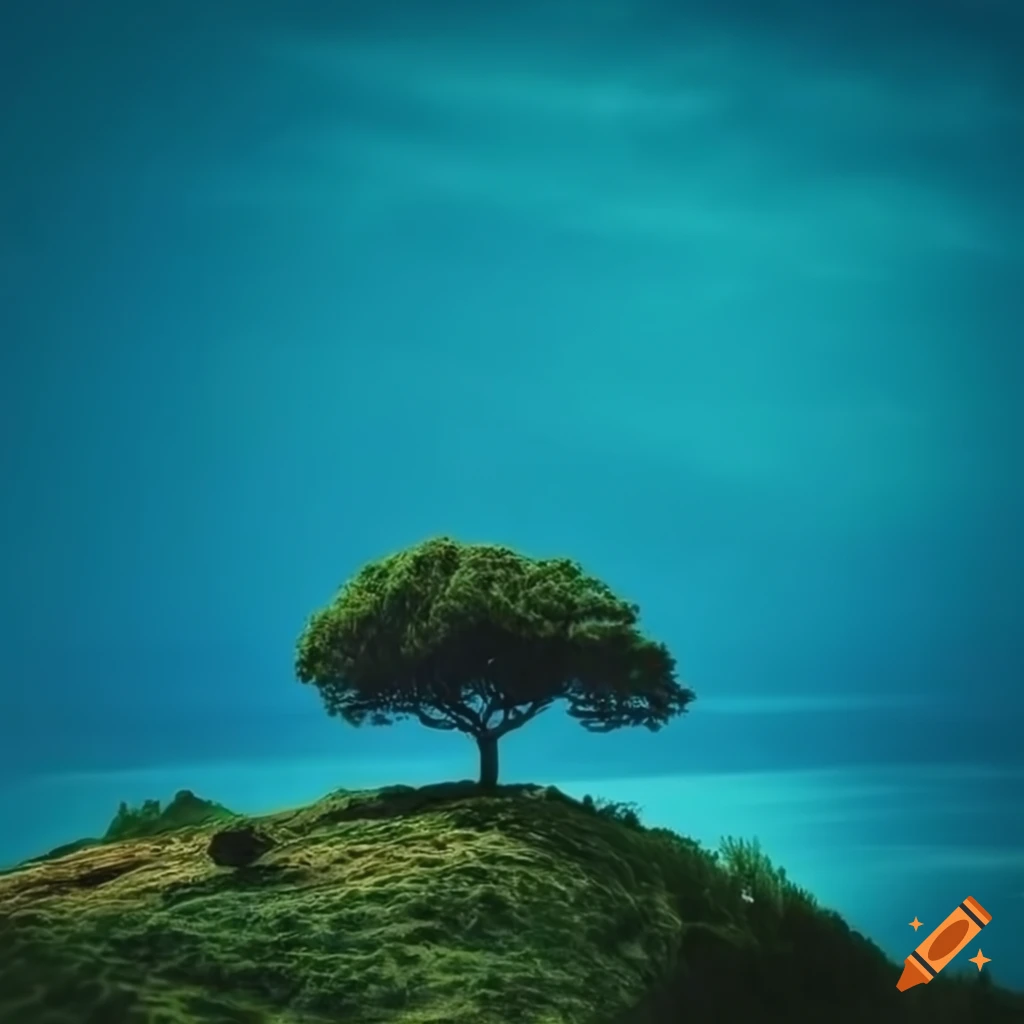Large tree on hill overlooking cliffside water view on Craiyon