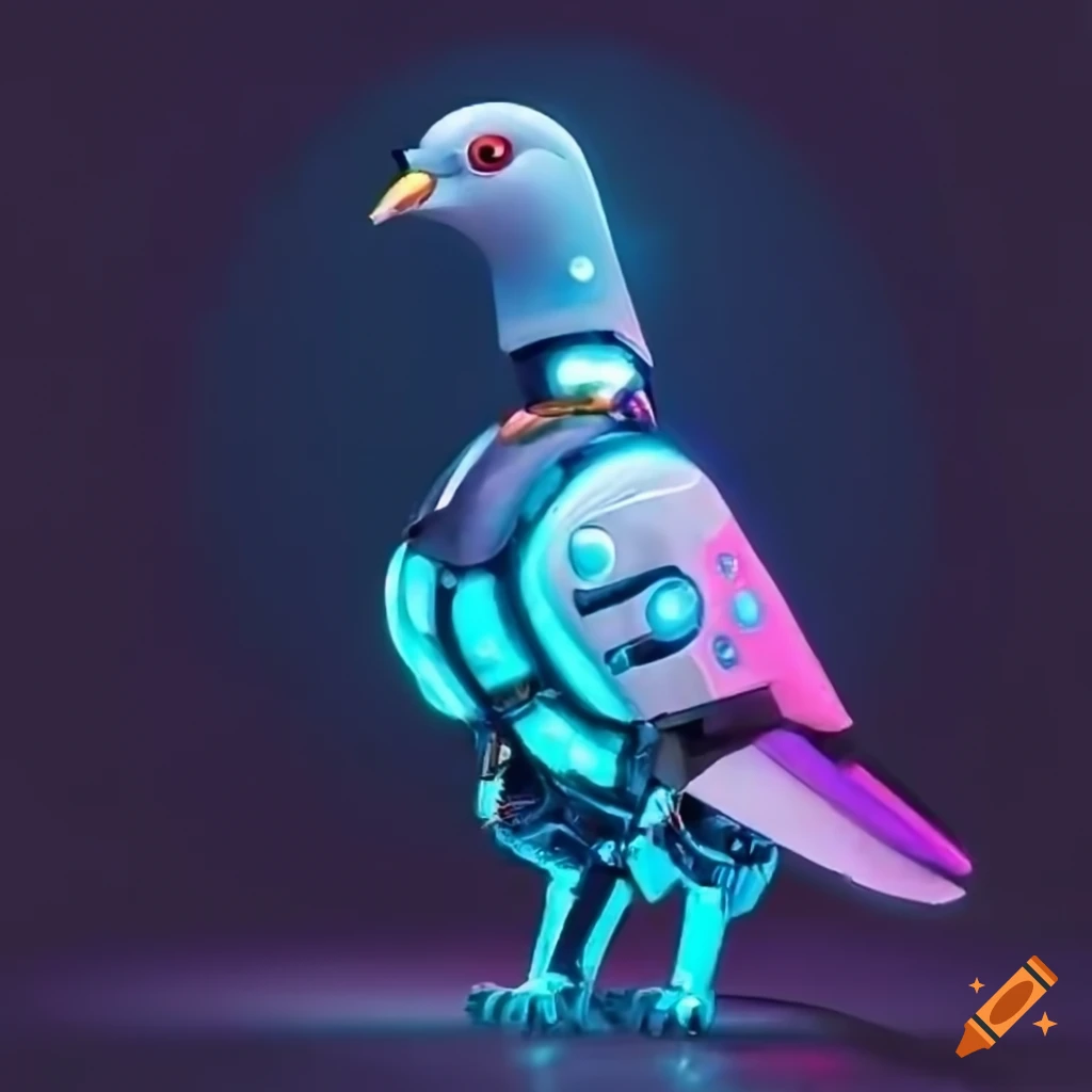 Neon cyberpunk robotic pigeon on Craiyon
