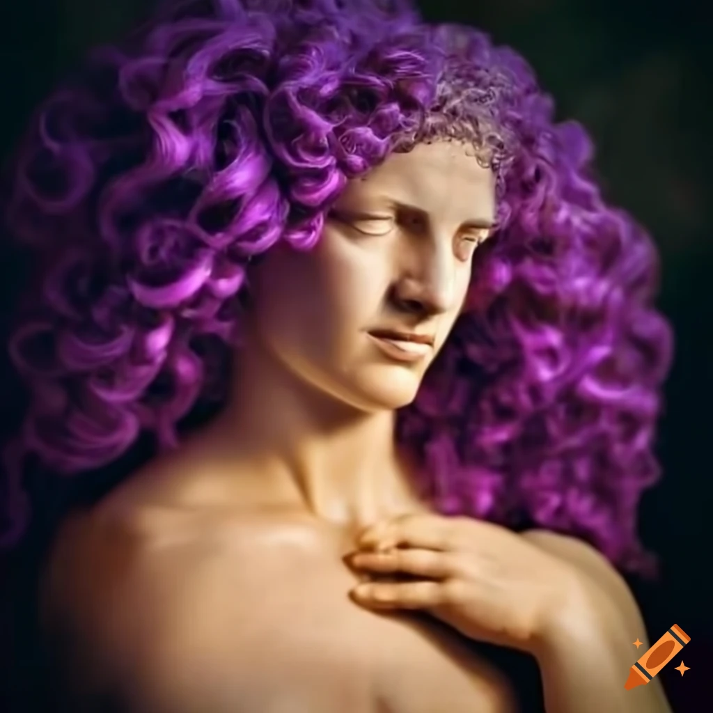 Greek god with purple curly hair and tan skin depicted as a three-armed ...