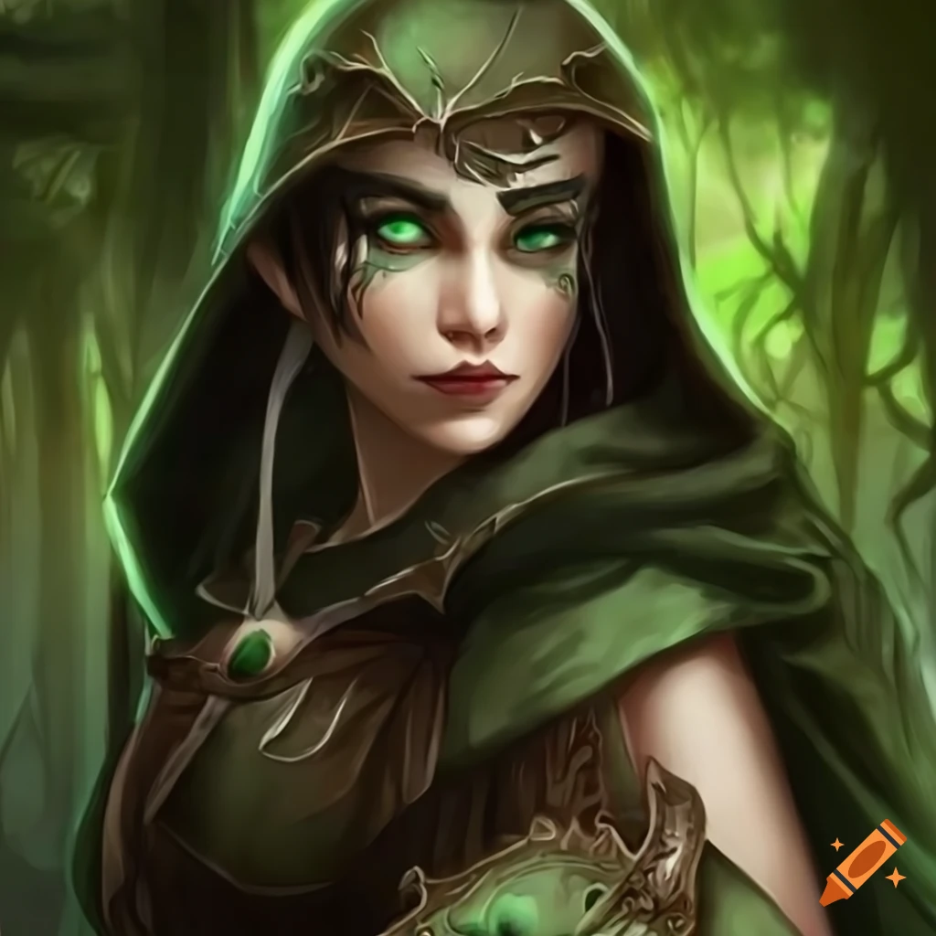 Druid fantasy female with long black hair and green eyes in armor and ...