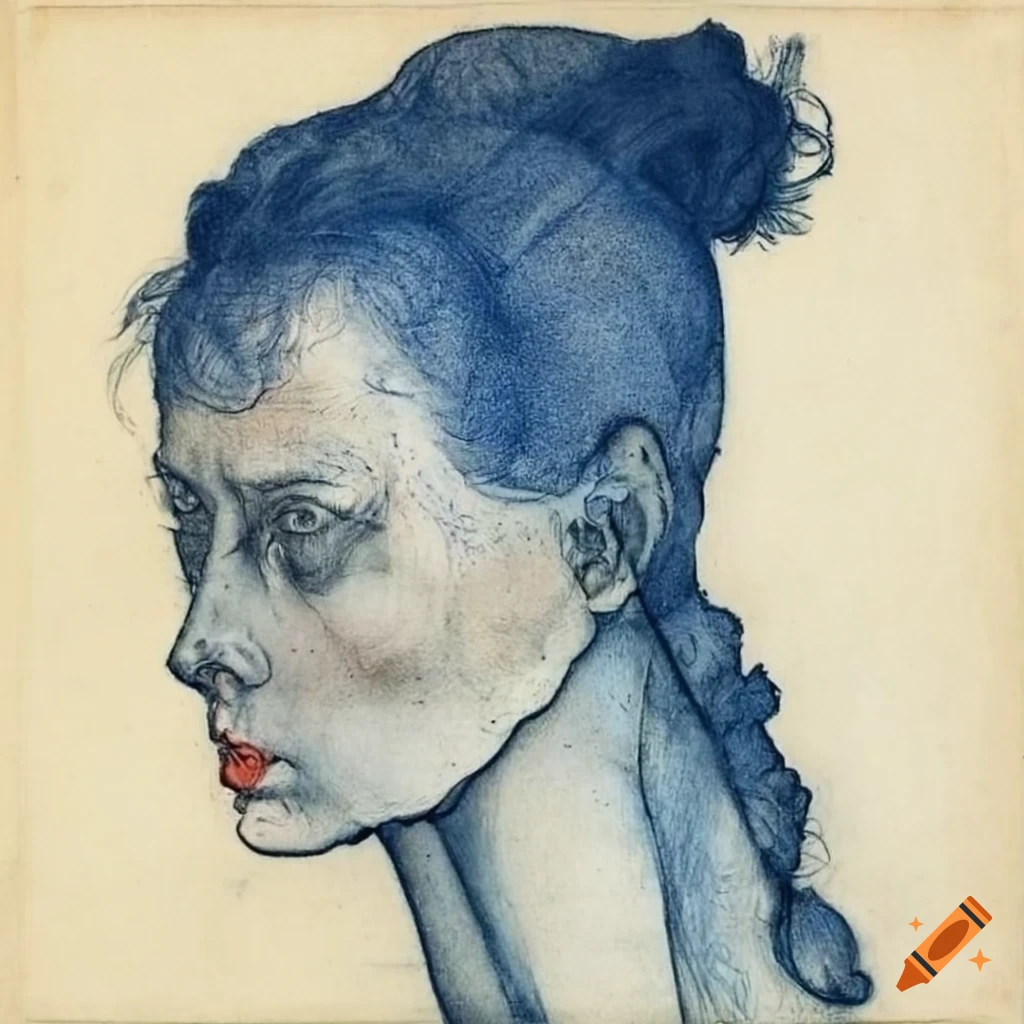 Intriguing woman portrait with sharp thin lines and blue tones on Craiyon