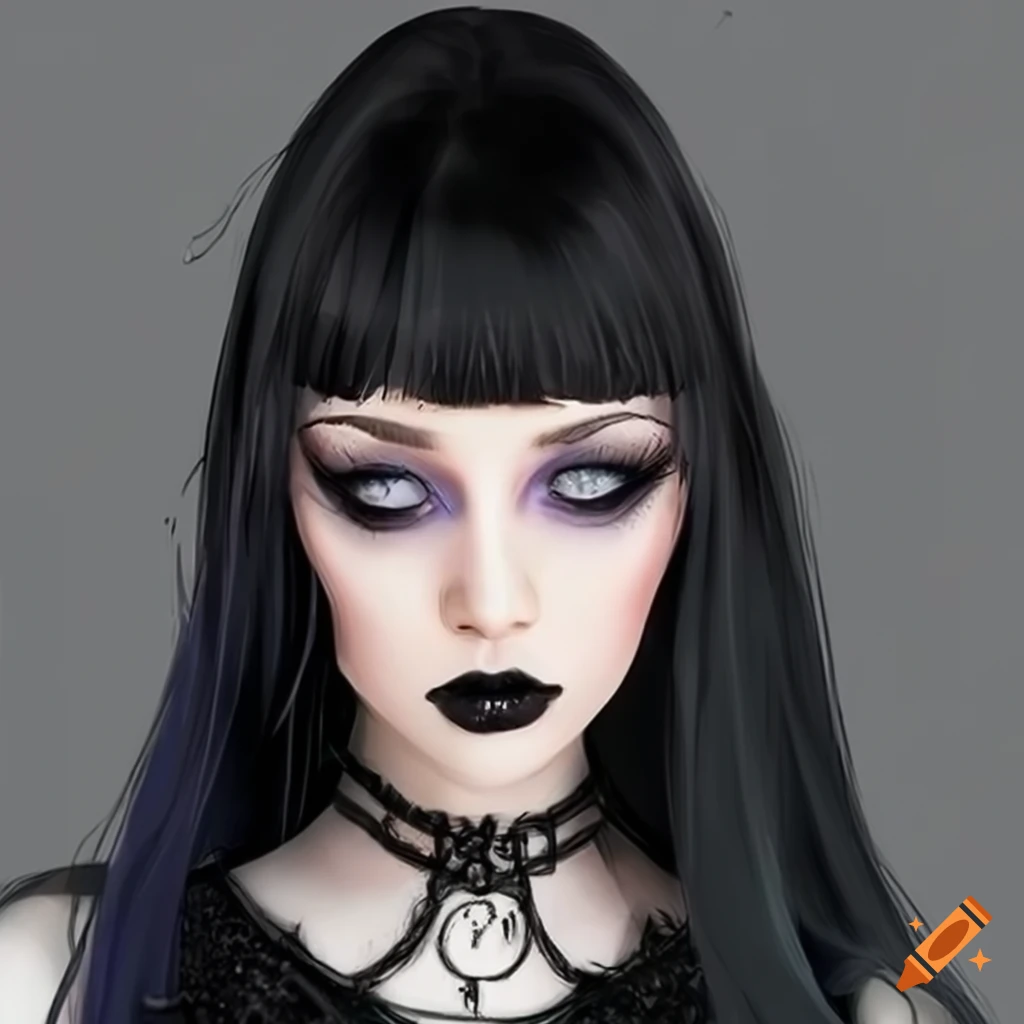 Character with striking gothic aesthetic: long black hair, pale skin on ...