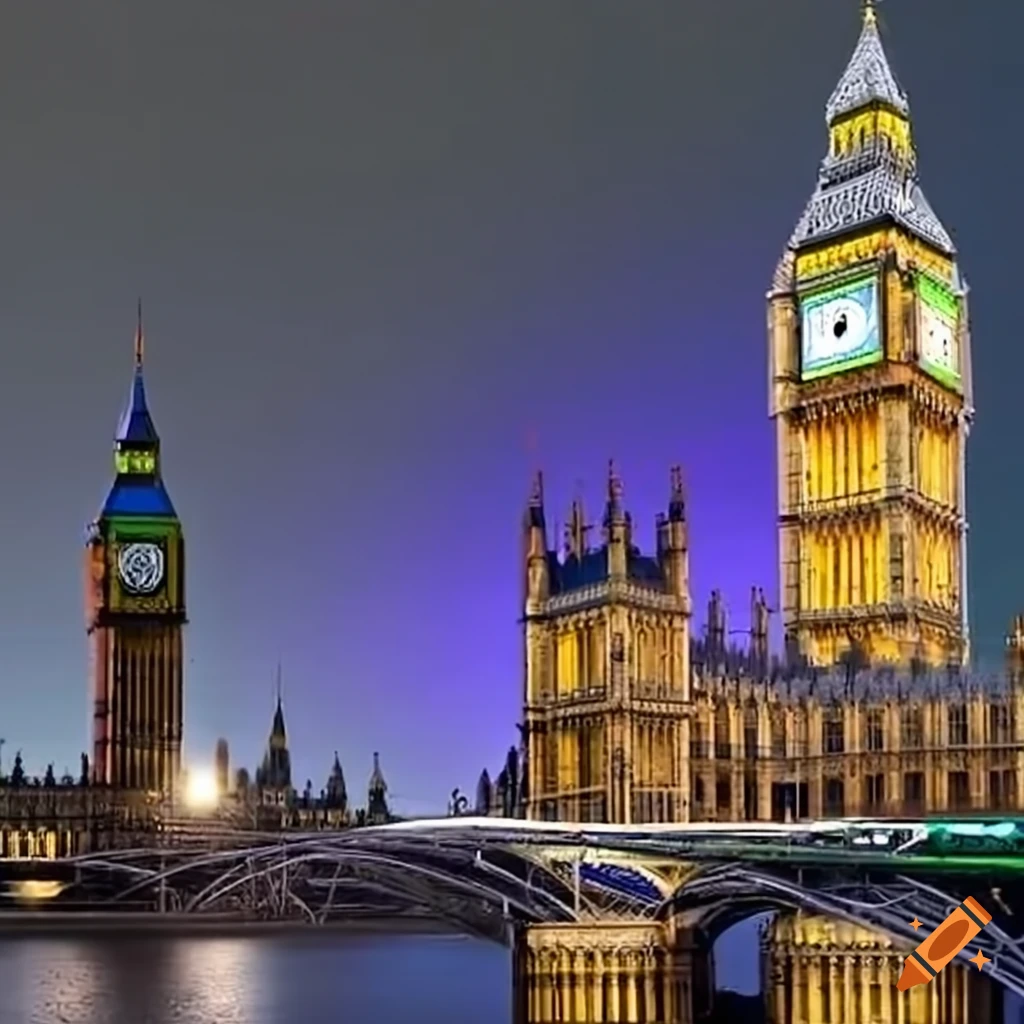 Augmented reality London landmarks digital imagery on facades on Craiyon