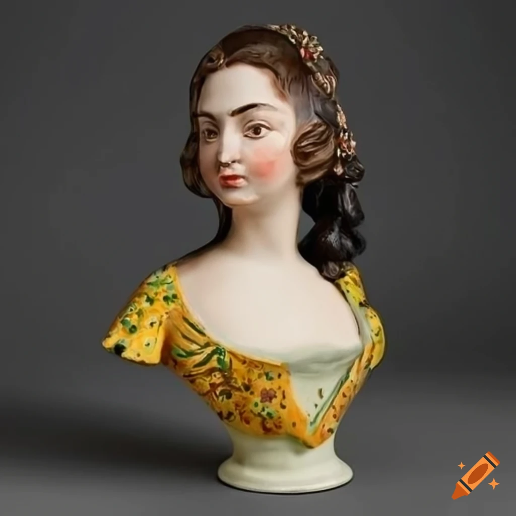Painted ceramic bust of a Latina princess with brown hair and yellow ...