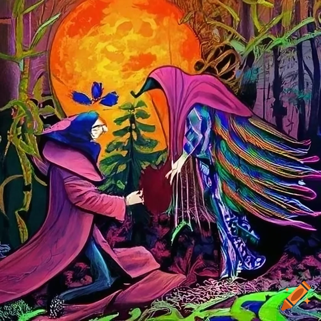 Celtic storybook illustration of a mysterious Gold and Copper Raven wearing a hooded cloak made ...