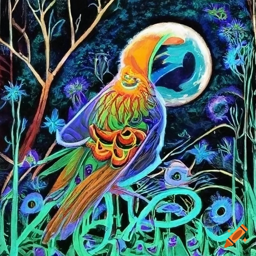 Celtic storybook illustration of a Gold and Copper Raven with a colorful iridescent Peacock ...