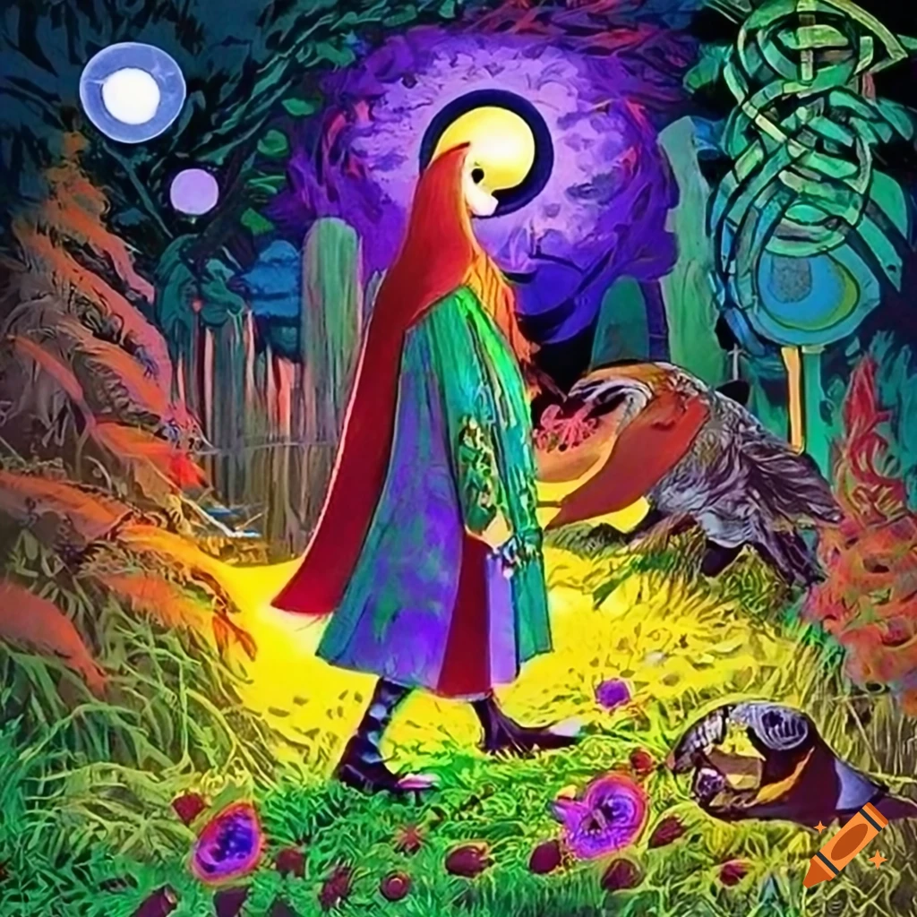 Celtic storybook illustration of a Gold and Copper Raven with a colorful iridescent Peacock ...