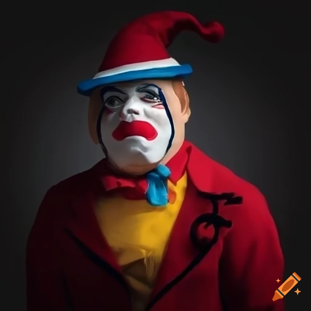 Political figure JD Vance depicted in clown suit with a sad expression ...