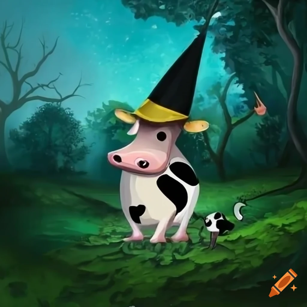 Magical dairy cow with wizard hat in mystical woodland on Craiyon