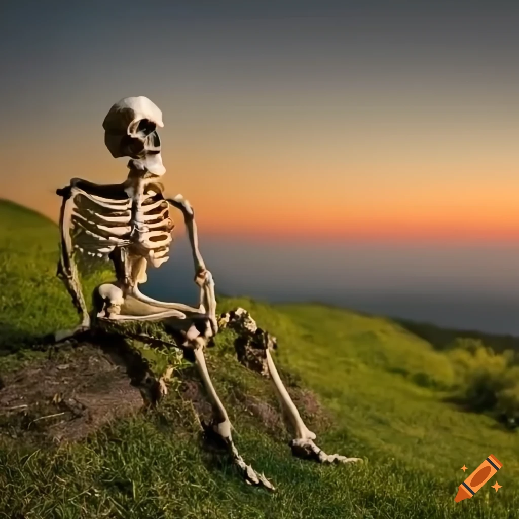 Skeleton on a grassy hillside contemplating a sunset by an Italian ...