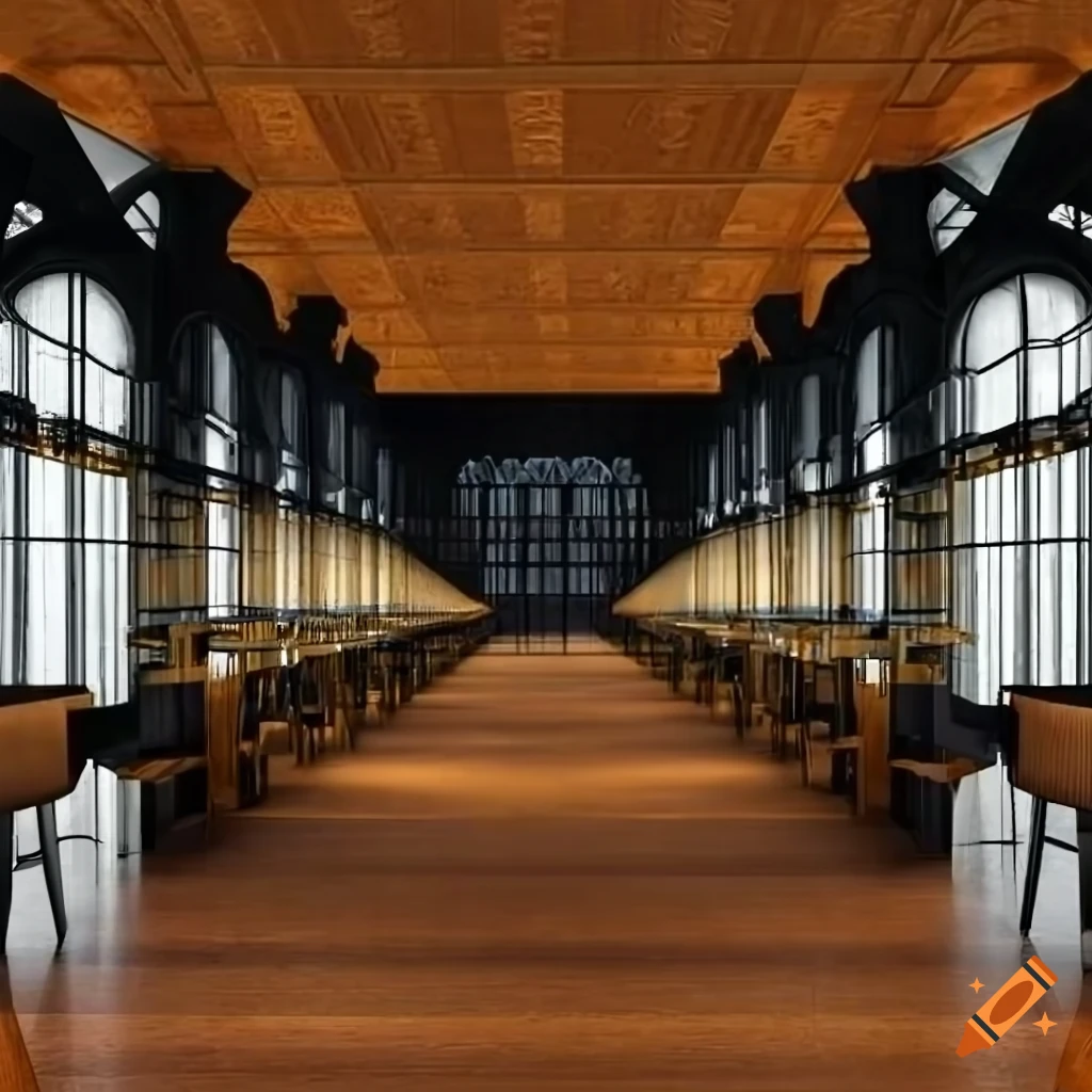 Minimalist 3d visualization of reading room design with metal, wood ...