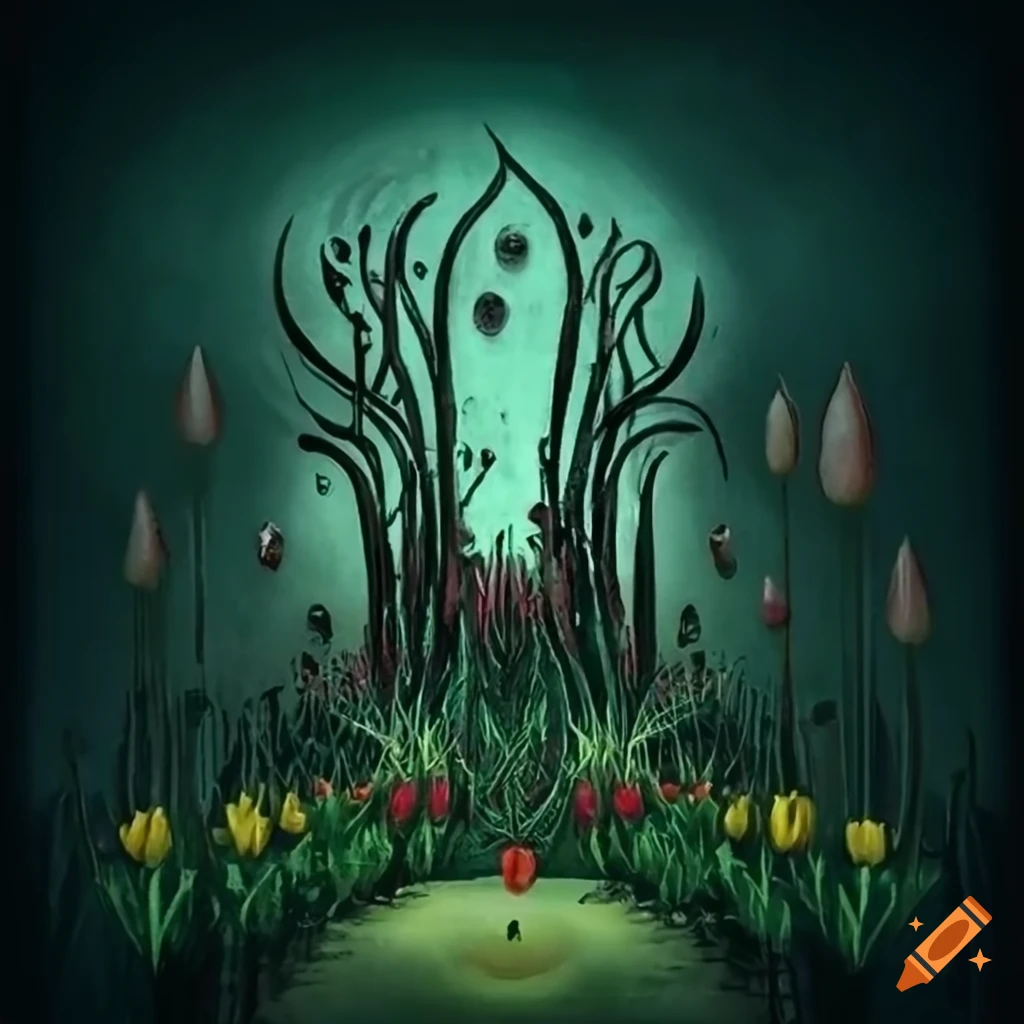 Eerie Lovecraftian tulip garden on an ominous book cover on Craiyon