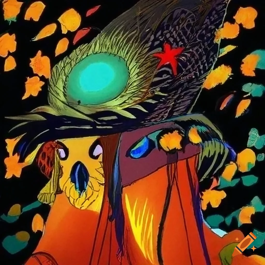 Gold and copper raven in a forest garden at twilight wearing a hooded ...