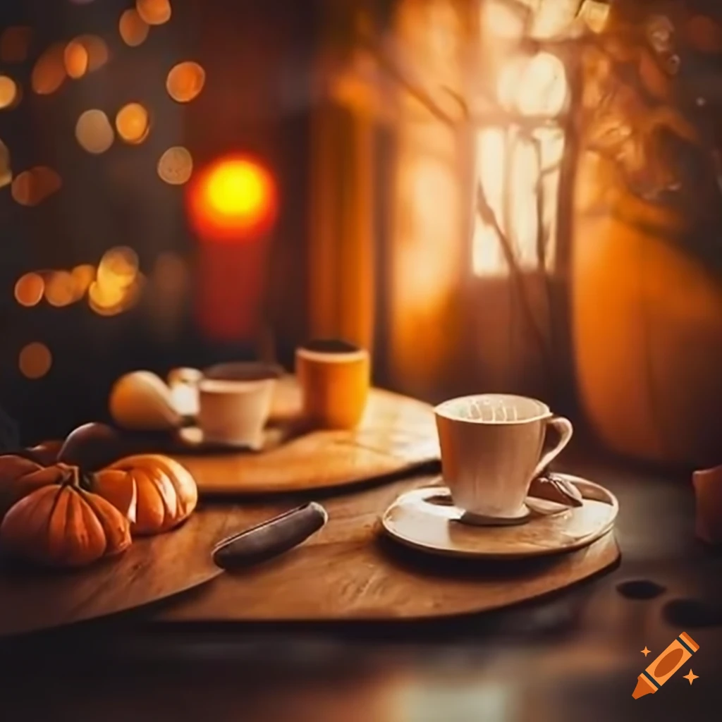 Cozy autumn coffee shop with warm lighting and hot beverages on Craiyon