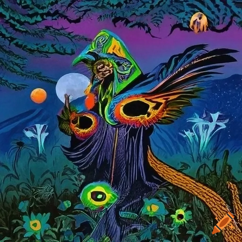 Celtic storybook illustration of a Gold and Copper Raven with a colorful iridescent Peacock ...