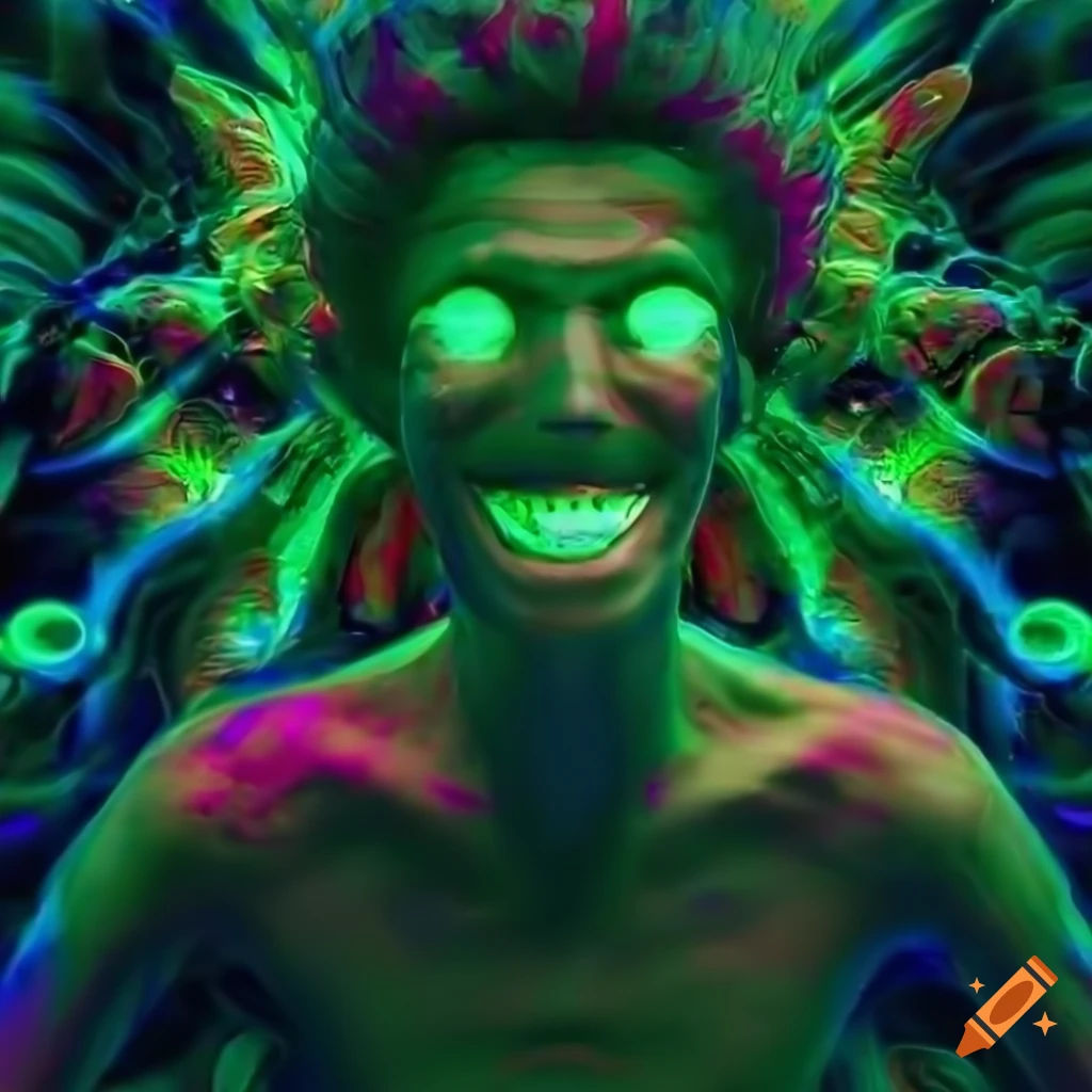 Skinny man smiling in a glowing psychedelic oasis on Craiyon