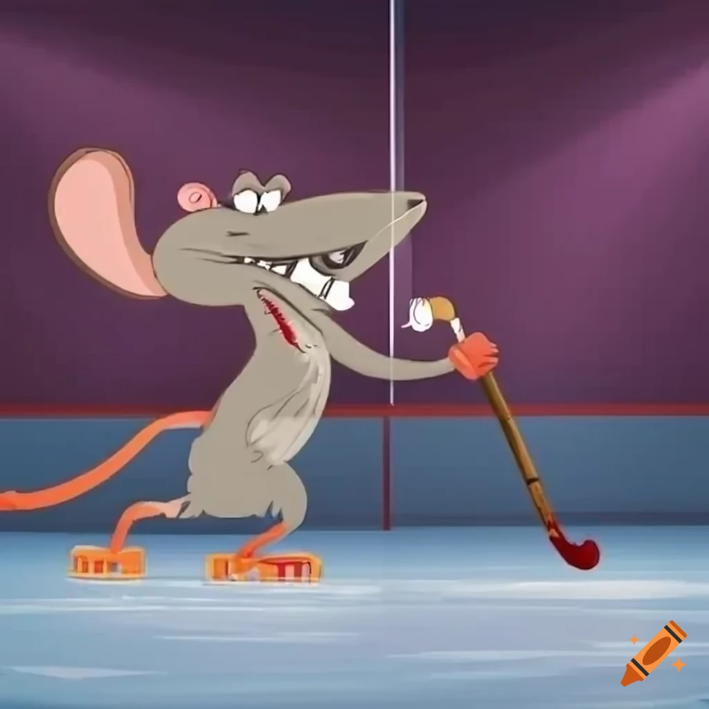 Cartoon rat skating and taking a slap shot in a hockey rink on Craiyon