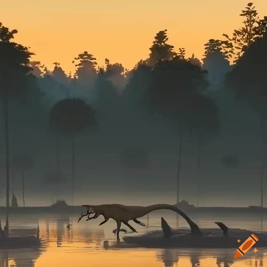 Three hadrosaurus dinosaurs in a prehistoric swamp under warm morning light on Craiyon
