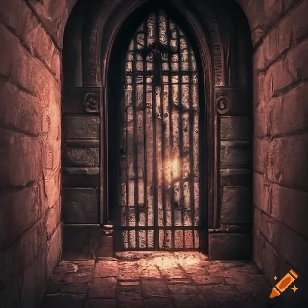 Intricate metal gate leading to a dimly-lit cobblestone room on Craiyon