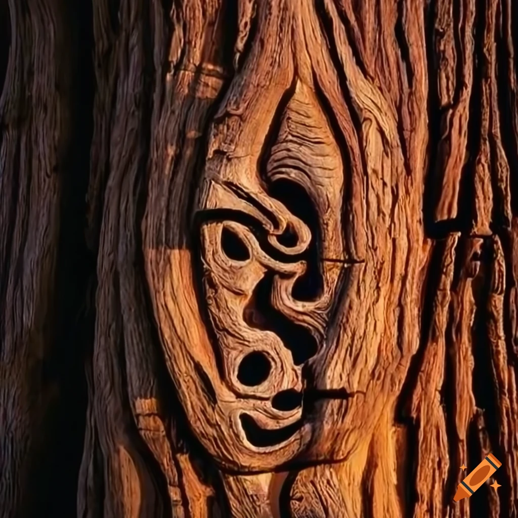 Intricate ancient symbol carved into redwood tree bark on Craiyon