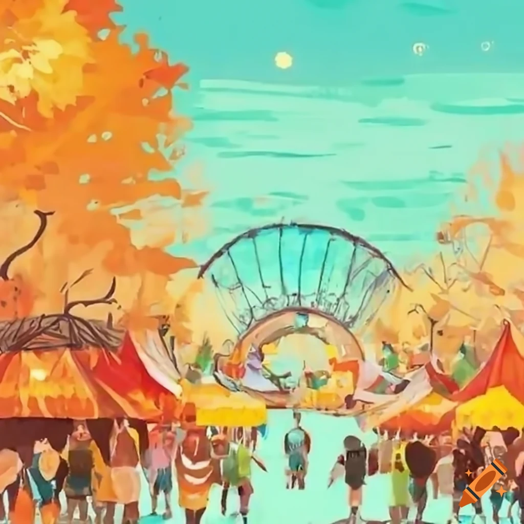 Fall festival scene with pumpkin and coffee stands, people in mint ...