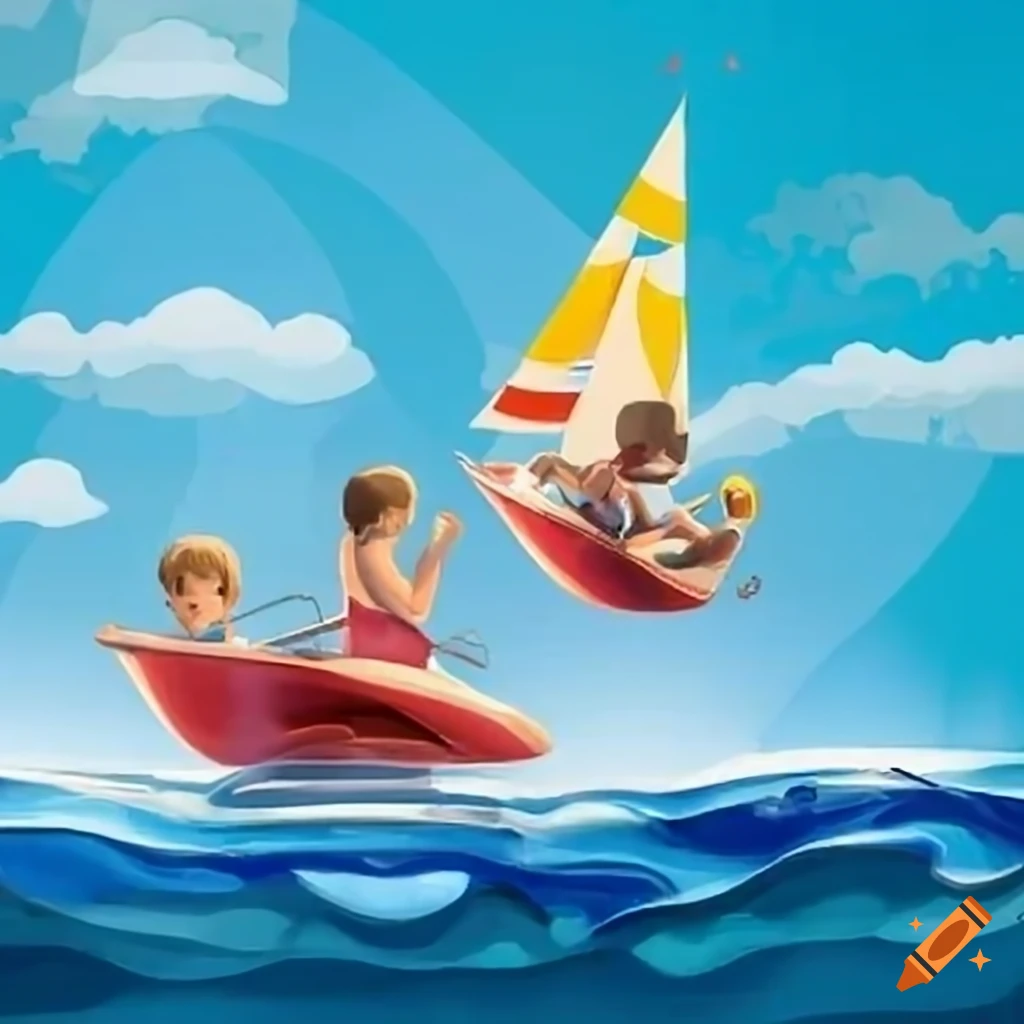 Children practicing sailing with flipped boats and trainers in a sunny ...