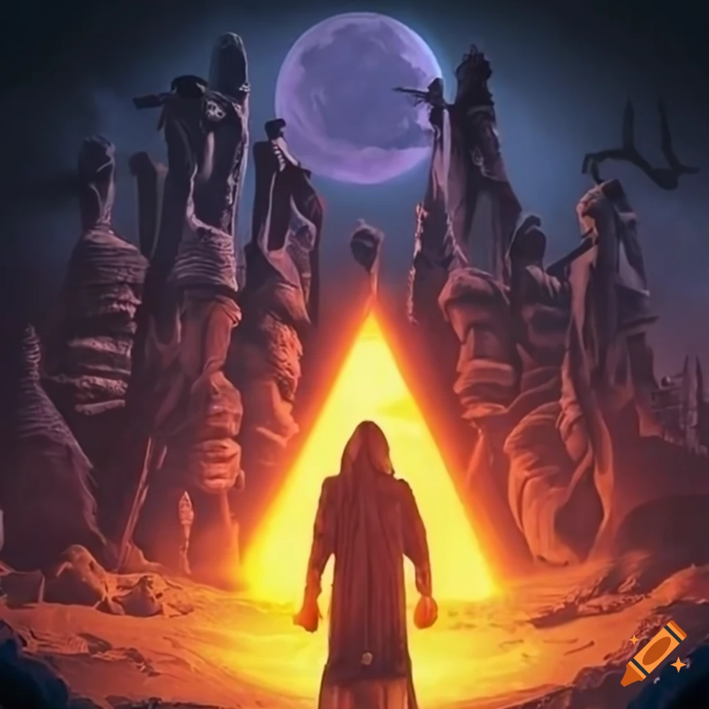 Halloween poster with mummies, pyramids, and moonlit desert setting on ...