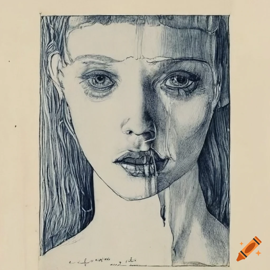 Intriguing woman portrait with sharp thin lines in blue tones on Craiyon