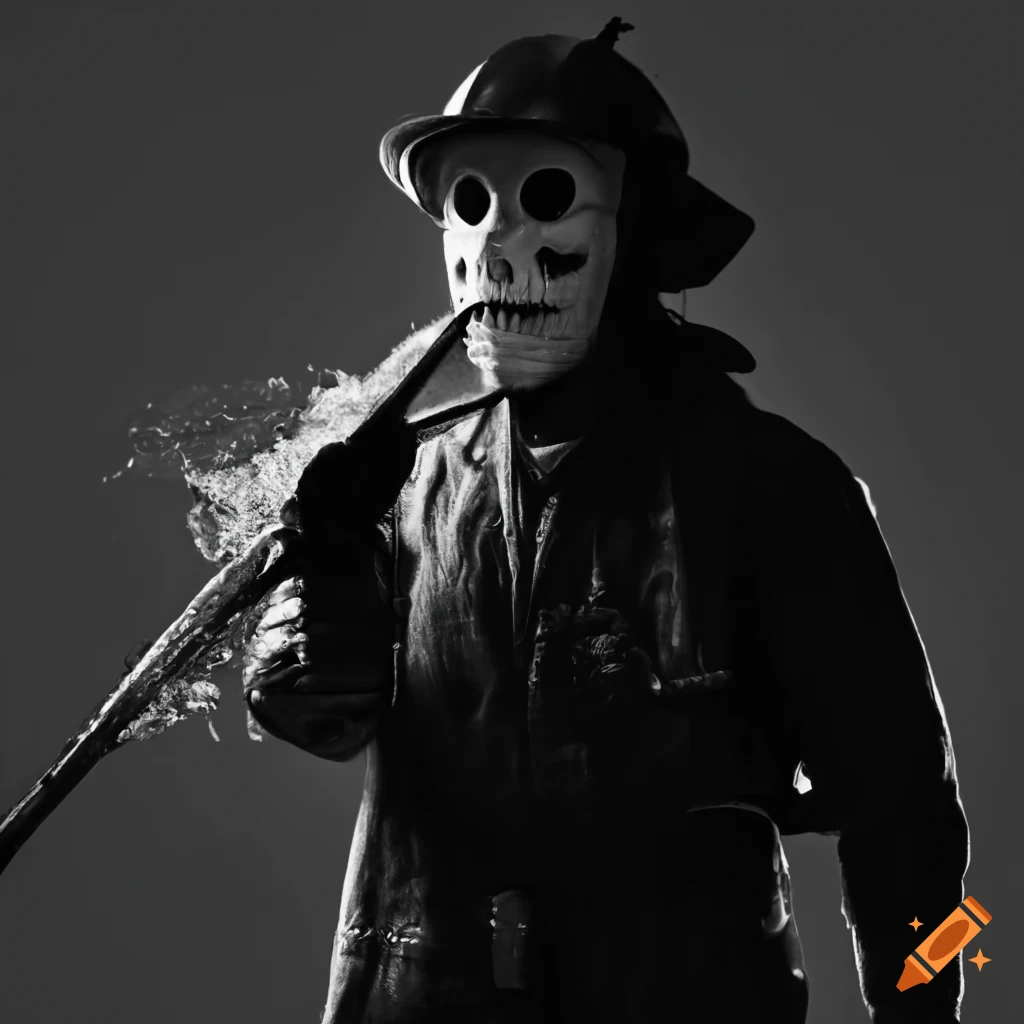 Fireman in spooky mask with water spraying off his head in black and ...