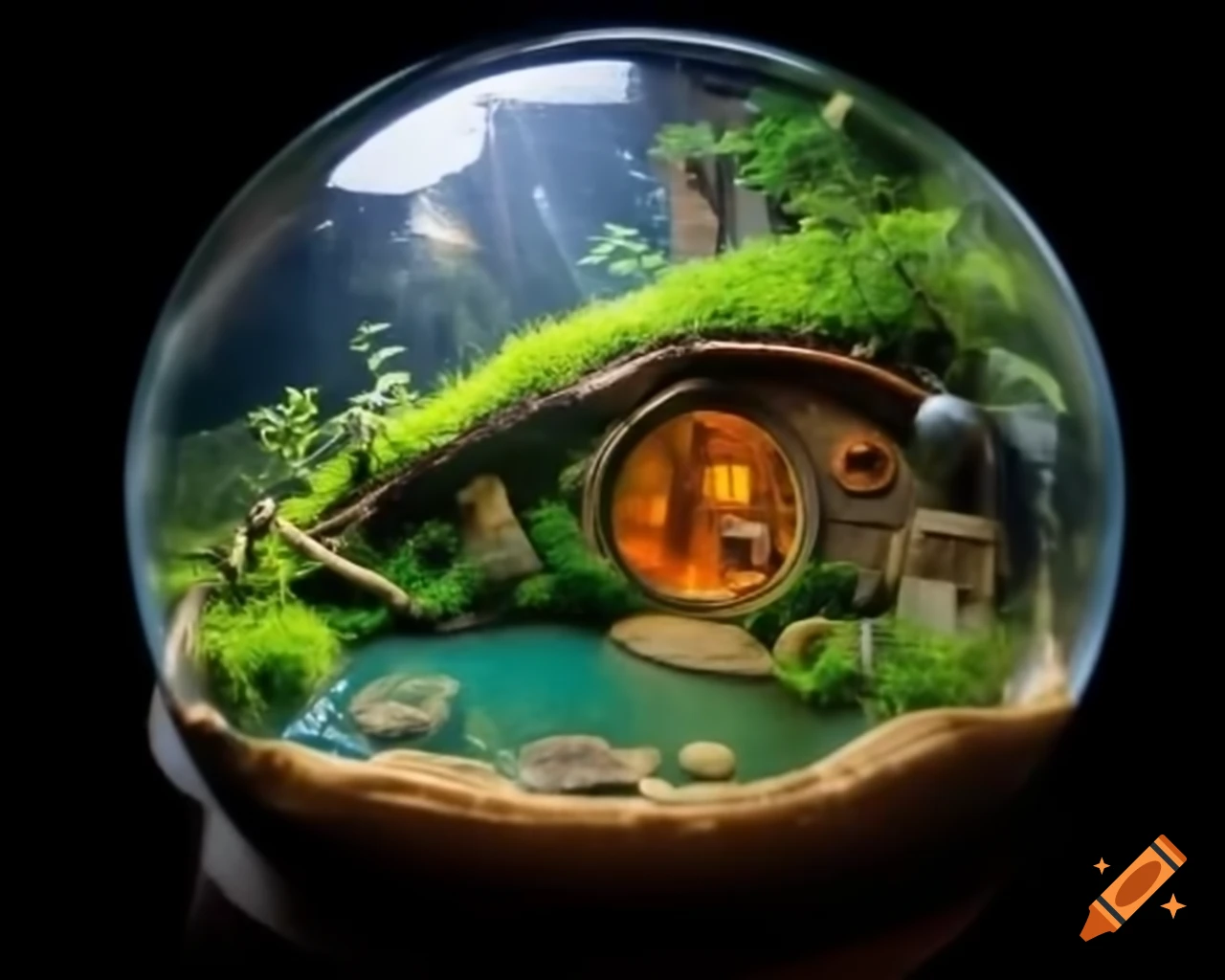 Diorama of a terrarium featuring a hobbit house and a lake puddle on ...