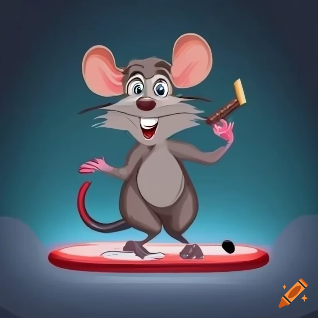 Cartoon rat skating in hockey rink making a slap shot on Craiyon