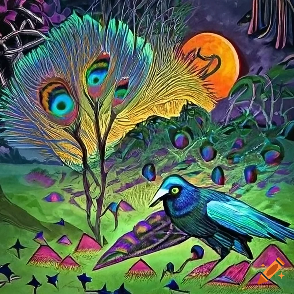 Celtic storybook illustration of a Gold and Copper Raven with a peacock cloak on Craiyon