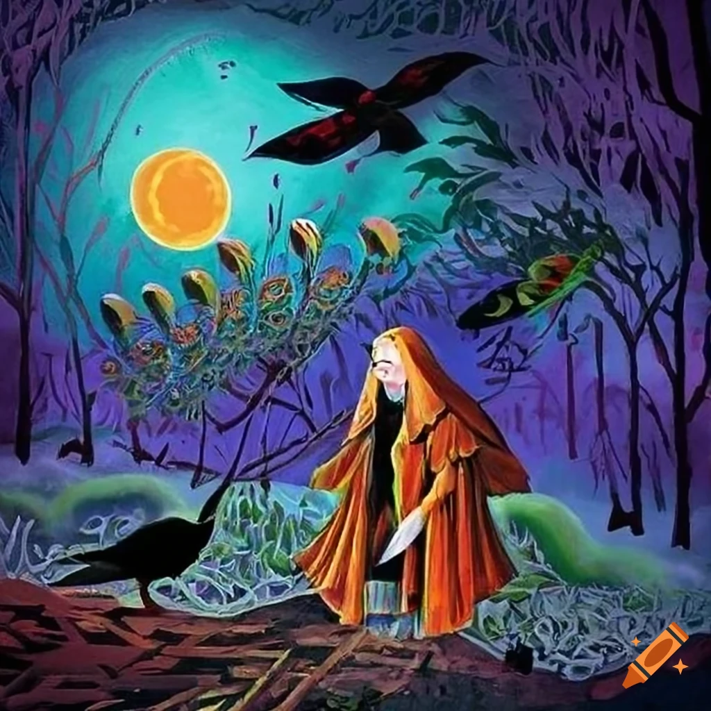 Celtic storybook illustration of a mysterious Gold and Copper Raven wearing a hooded cloak made ...