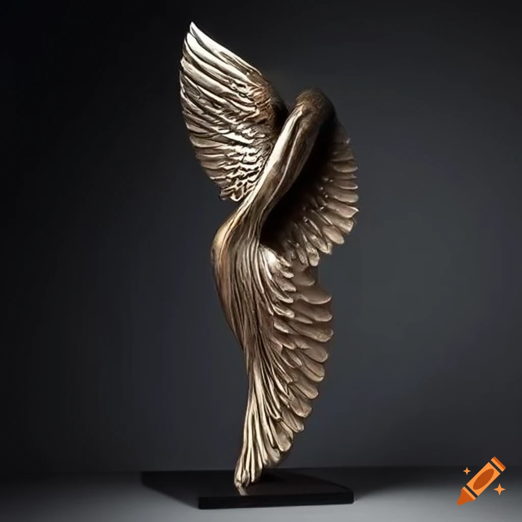 Dramatic tall abstract bronze sculpture of wings on Craiyon