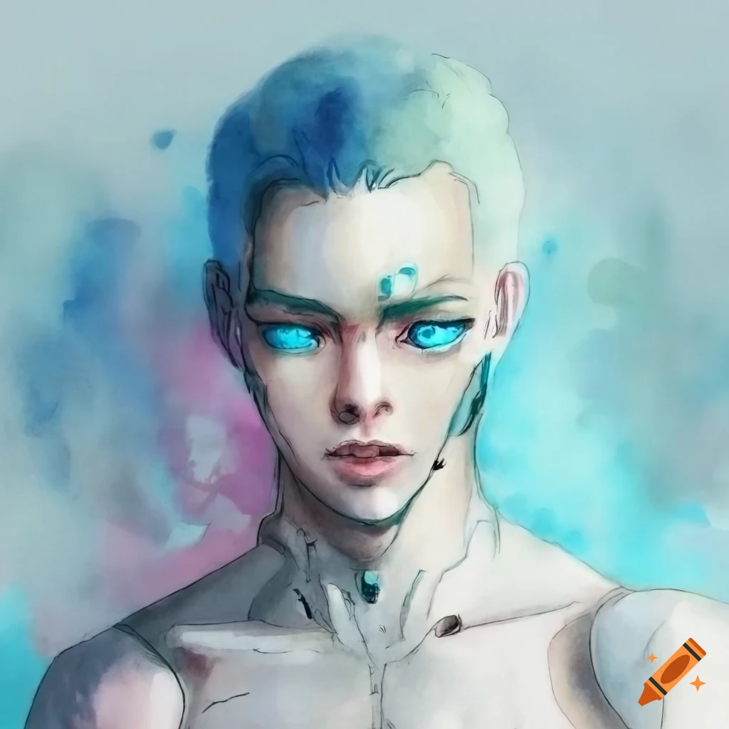 Young male cyborg in white bodysuit with light cyan hair and blue eyes ...