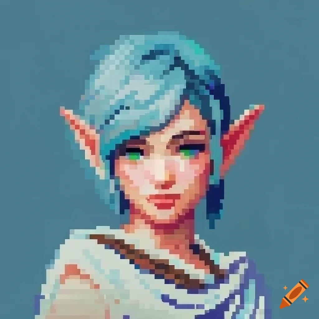 1990s retro pixel art of a blue-haired cute J-RPG young demi-elf ...