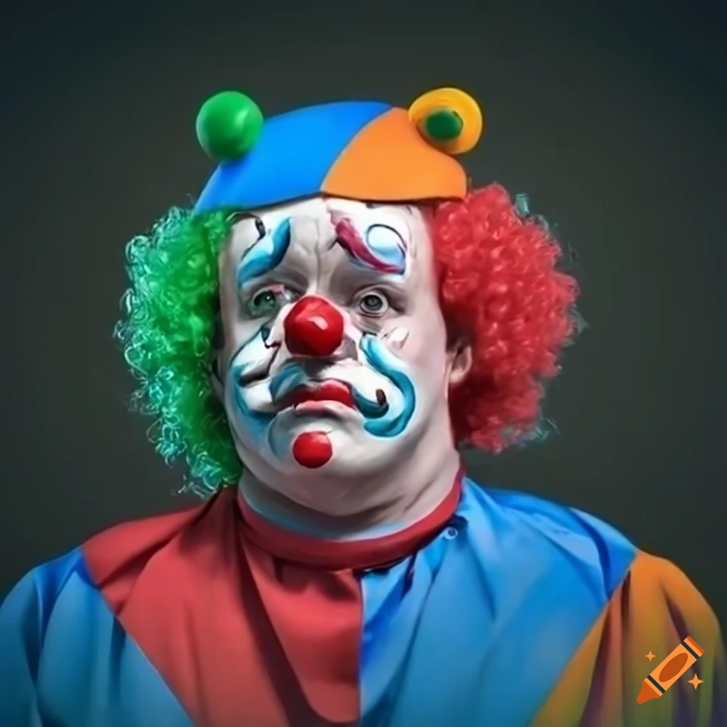Political figure JD Vance depicted in clown suit with a sad expression ...
